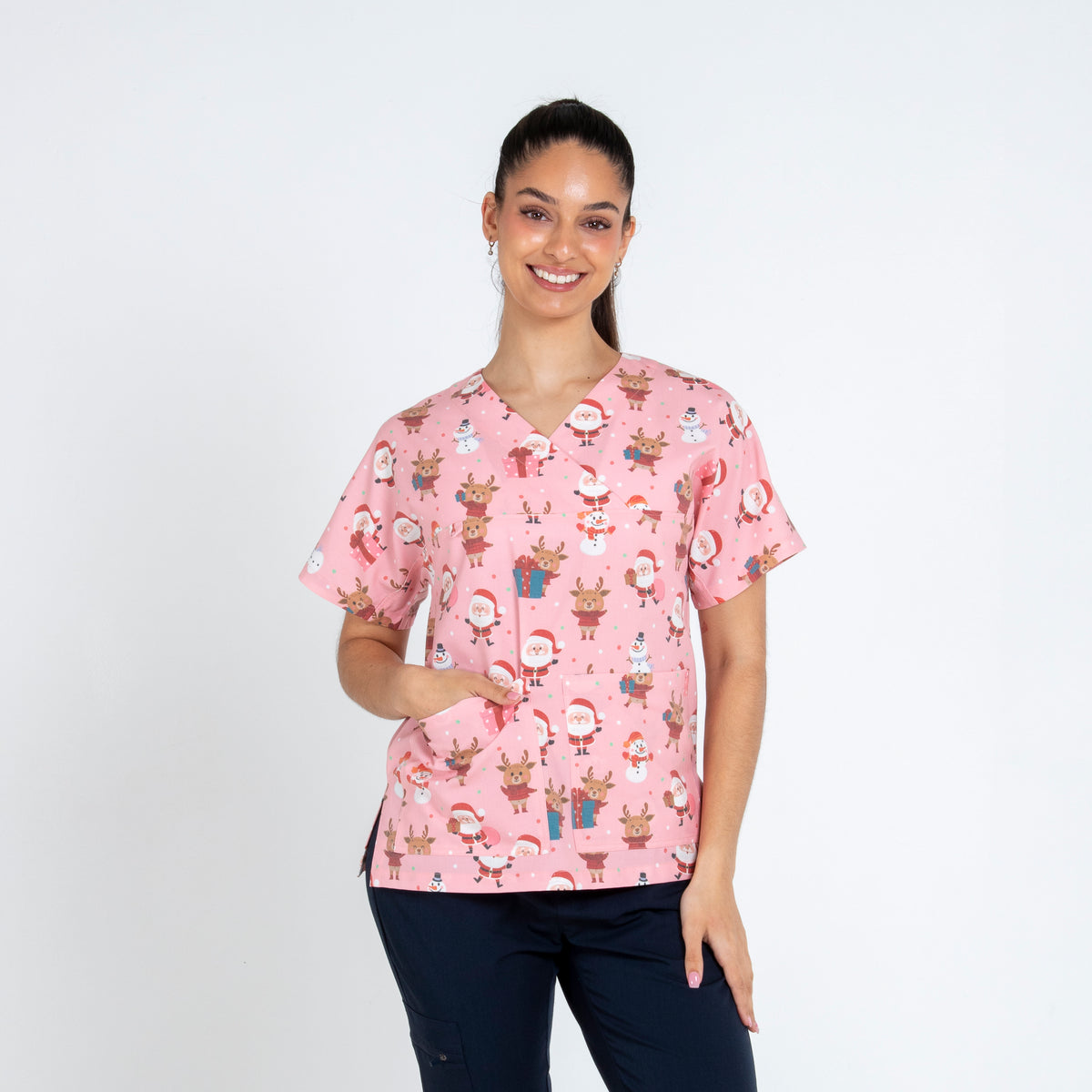 Santa and Friends Scrub Top | Pink – Scrub Tops Australia